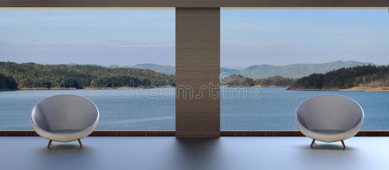 Modern Two Chair and Beautiful Lake View Stock Photo - Image of hotel ...