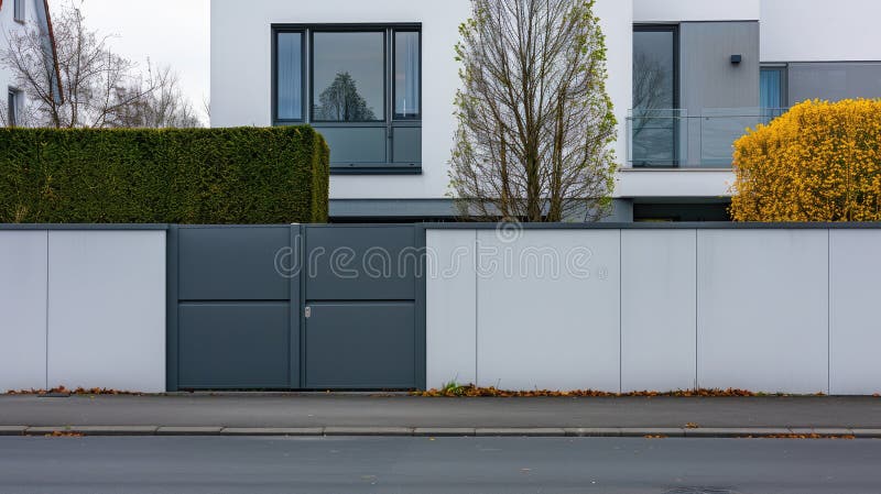 A Modern, Two-door Aluminum Gate with Silver Stripes, an Intercom ...