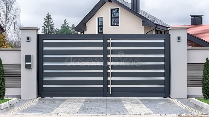 A Modern, Two-door Aluminum Gate with Silver Stripes, an Intercom ...