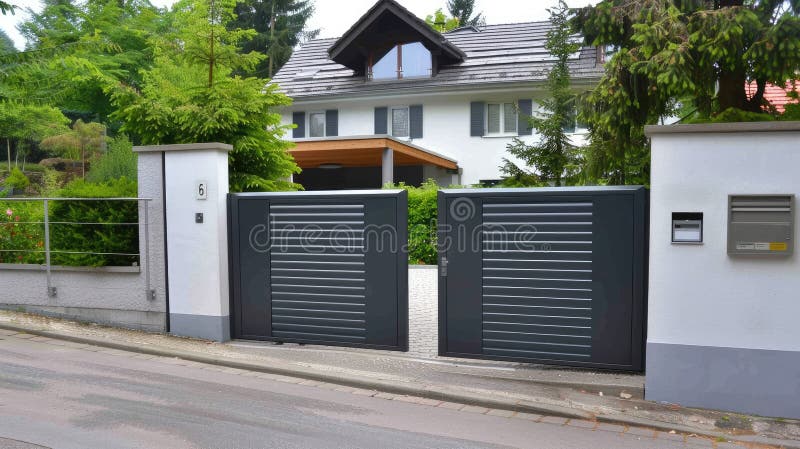 A Modern, Two-door Aluminum Gate with Silver Stripes, an Intercom ...
