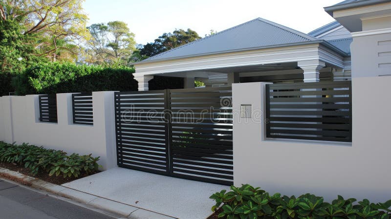 A Modern, Two-door Aluminum Gate with Silver Stripes, an Intercom ...