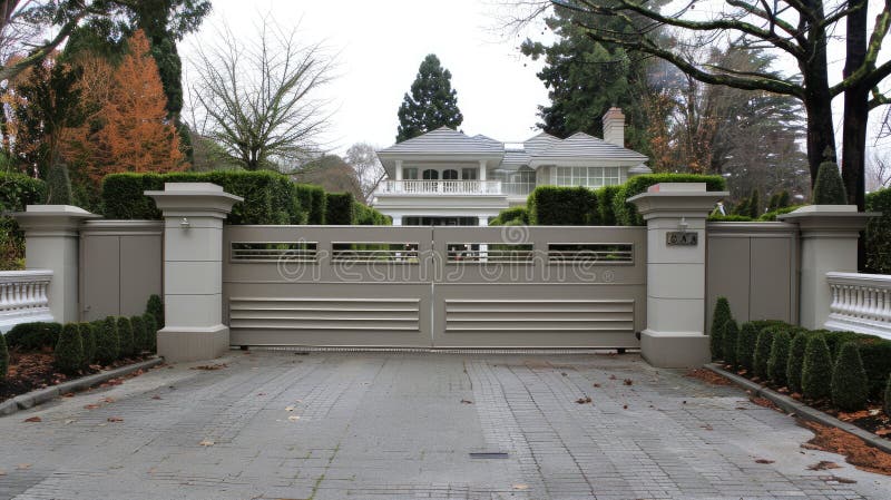 A Modern, Two-door Aluminum Gate with Silver Stripes, an Intercom ...