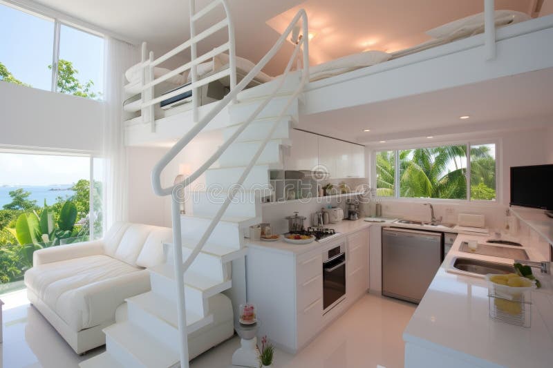 Modern Two Level Studio Apartment Featuring Stylish Staircase and ...