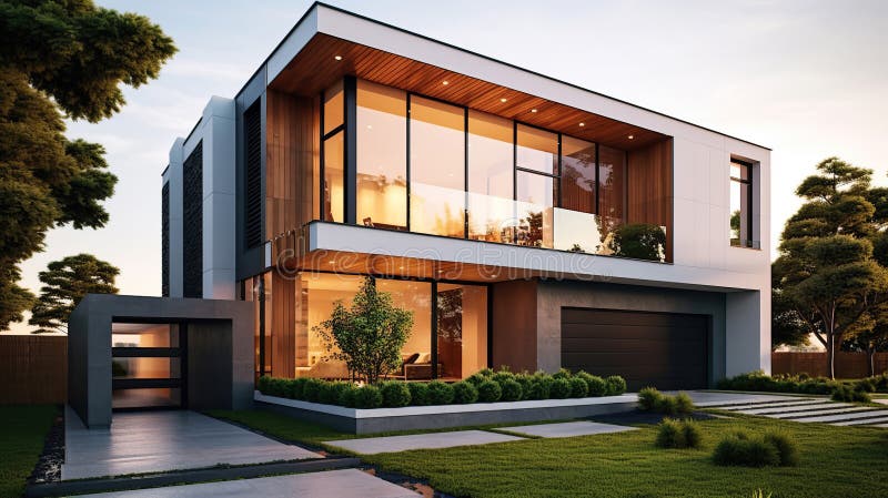 Modern Two-storey House with a Flat Roof and Large Windows, Generative ...