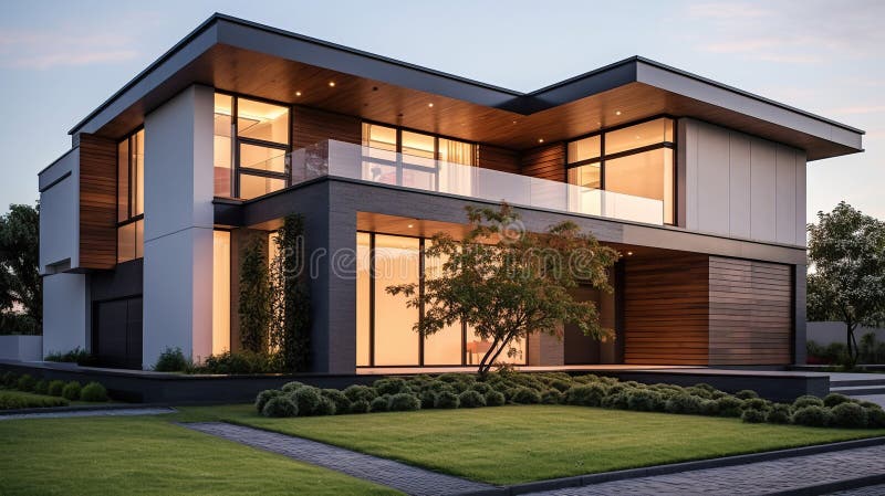 Modern Two-storey House with a Flat Roof and Large Windows, Generative ...