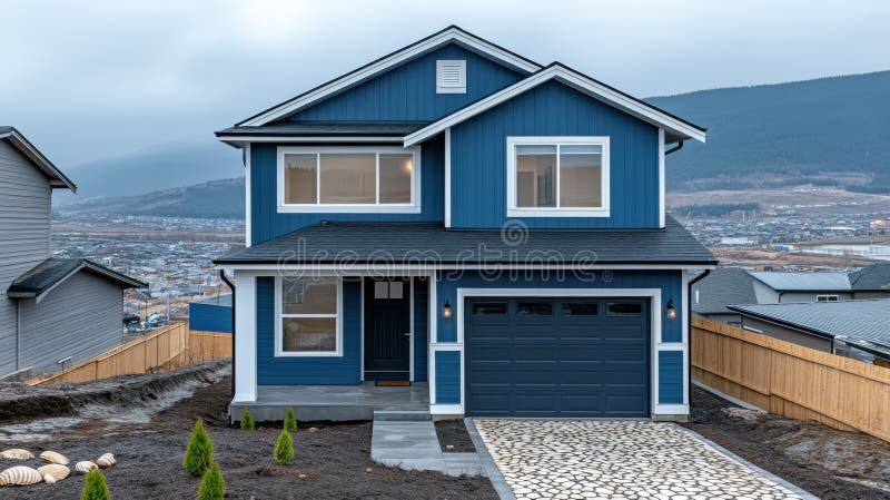 Modern Two Story Blue House with Mountain View Stock Photo - Image of ...