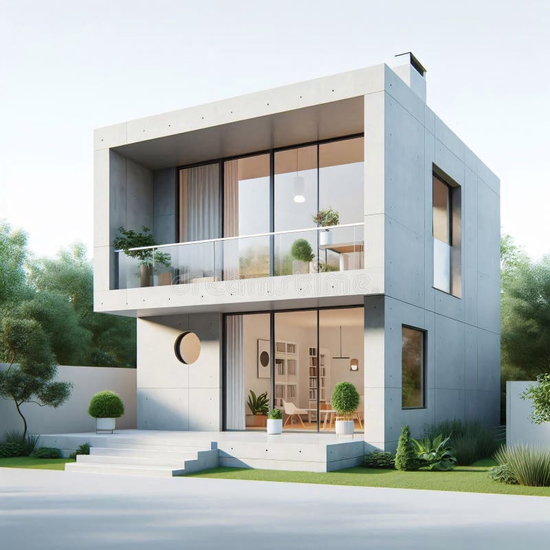 A Modern, Two-story Concrete House with Large Windows and a Balcony ...