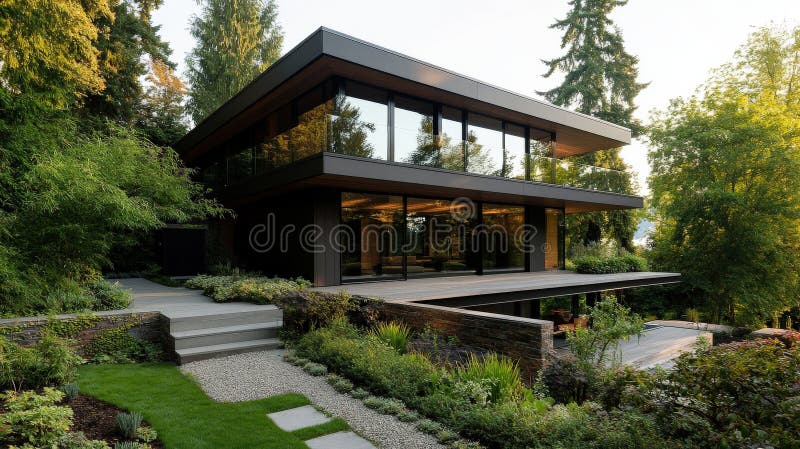 Modern Two-story Glass House in Lush Green Forest Setting Stock Photo ...