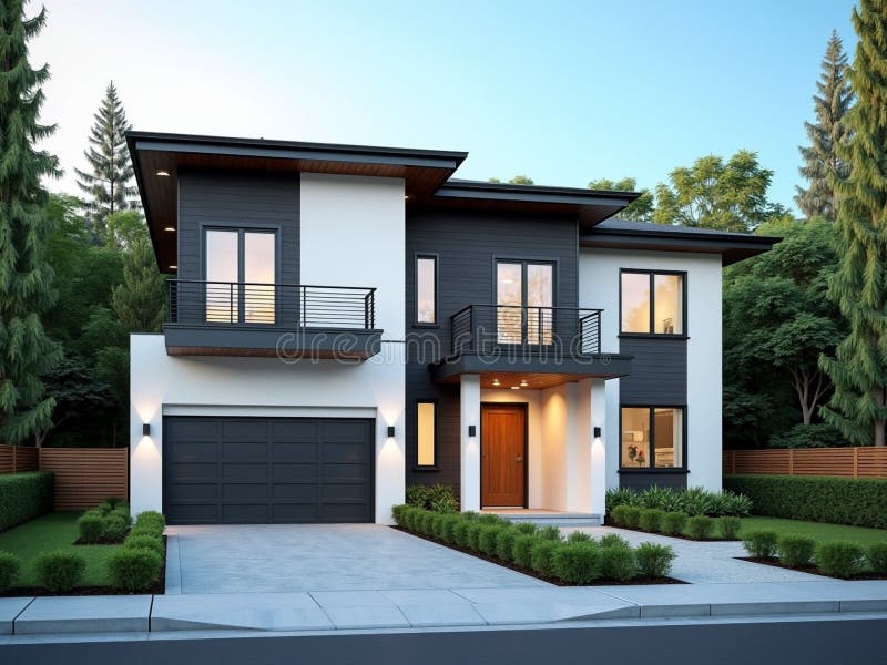 "Modern Two-Story Home with Angular Roof and Spacious Balcony" Stock ...