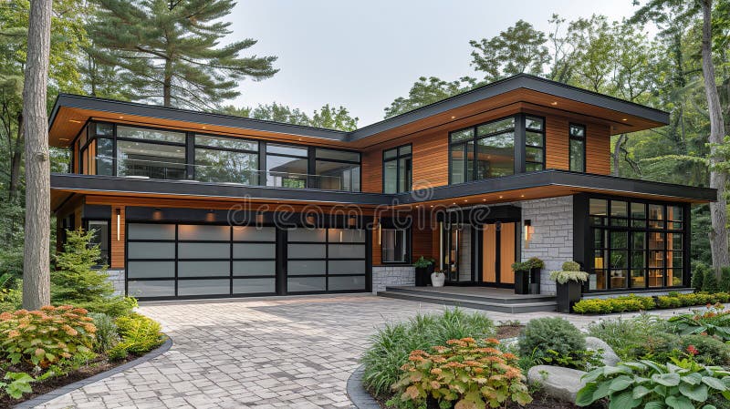Modern Two-story Home with a Large Garage, a Stone Facade, and a ...