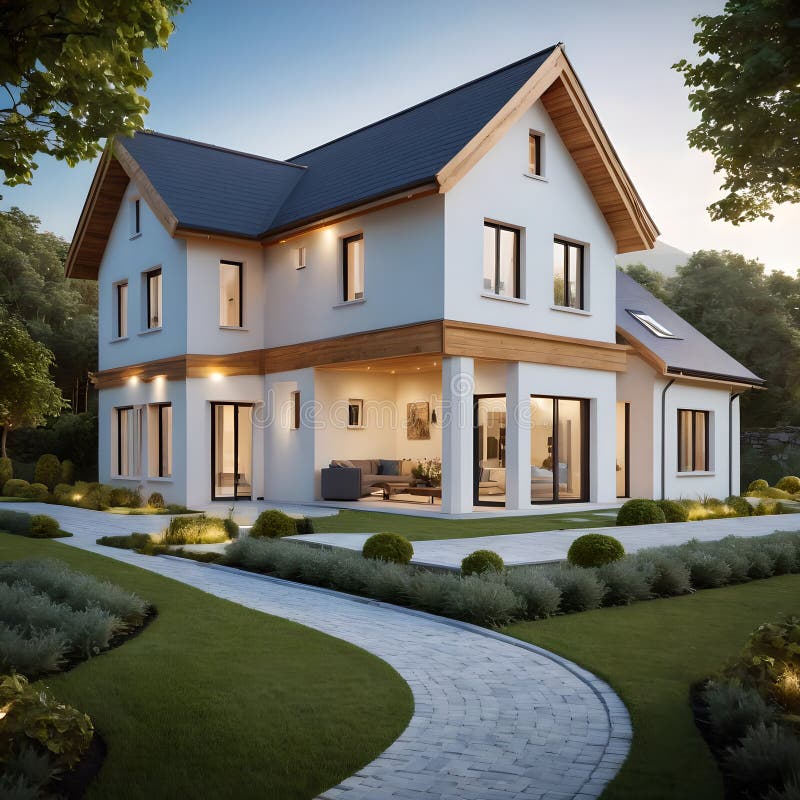 Modern Two-Story Home with Large Windows and Patio. Stock Illustration ...