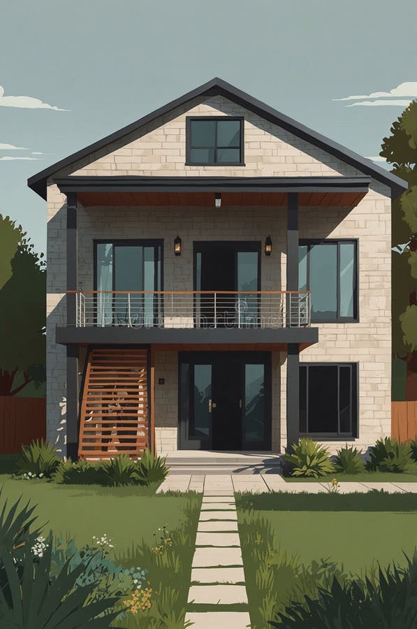 Modern Two-Story House with Balcony, Large Windows, and Lush Front Yard ...