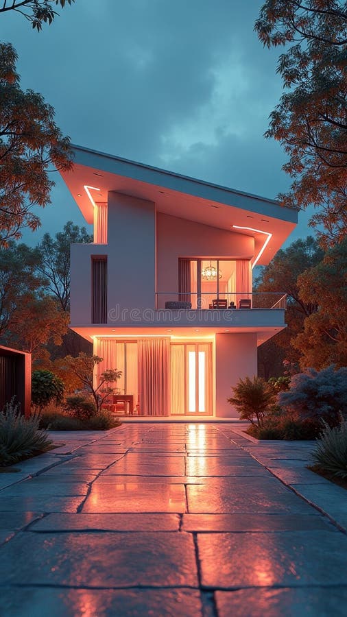 Modern Two-story House with Dramatic Lighting in Twilight Setting Stock ...