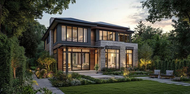 Modern Two-story House with Evening Lighting, Greenery and a Garden in ...