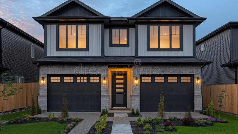 Modern Two Story House Exterior at Dusk Stock Illustration ...