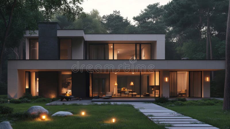 Modern Two Story House in Forest at Dusk Stock Illustration ...