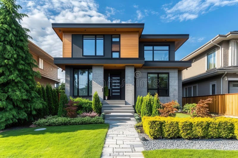 Modern Two-story House with Landscaped Yard and Pathway Stock ...