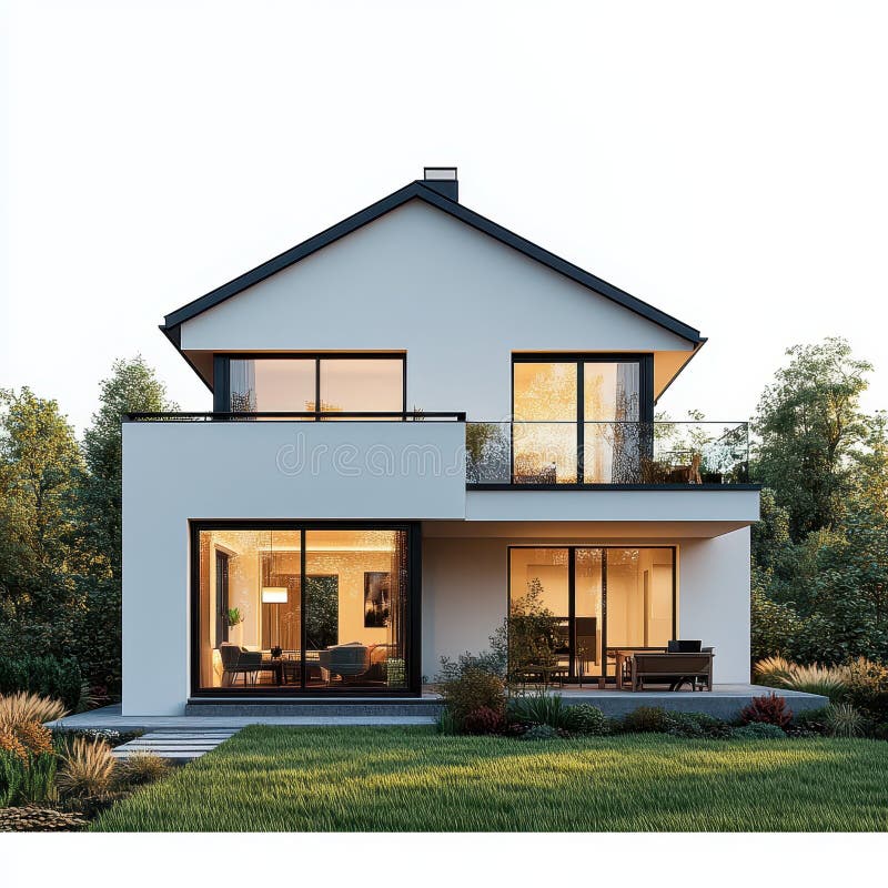 Modern Two Story House with Large Windows and Balcony at Dusk Stock ...