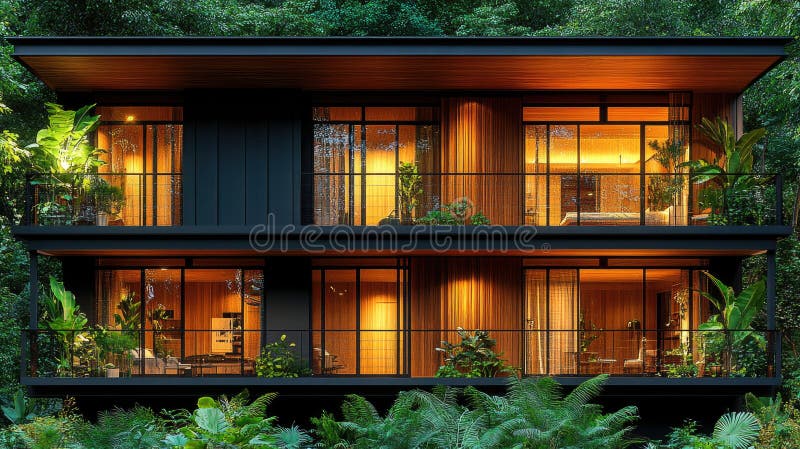 Modern Two-story House with Large Windows and Lush Greenery Stock Image ...