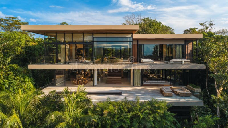 Modern Two-Story House with Large Windows and Patio Surrounded by Lush ...
