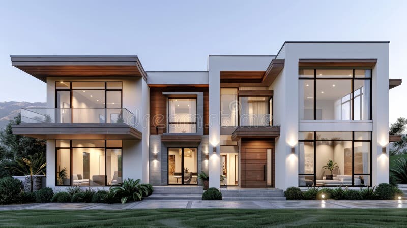 Modern Two-story House with Large Windows and a Spacious Front Yard ...