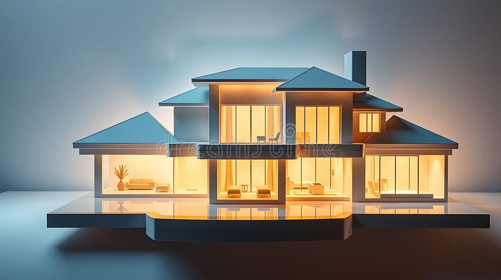 A Modern, Two-story House Model Illuminated from within, Showcasing a ...