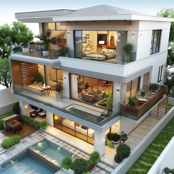 Modern Two-Story House with Open Plan and Poolside Views Generated ...