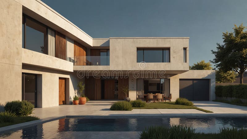 Modern Two-Story House with Pool and Large Windows in a Spacious ...