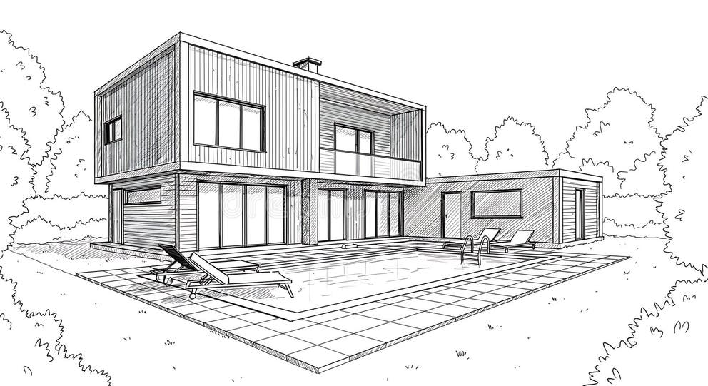 Modern Two-story House Sketch Featuring Clean Lines and Rectangular ...