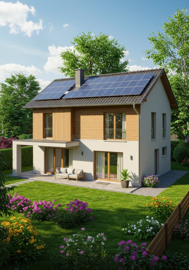 Modern Two Story House with Solar Panels and Lush Garden Stock ...