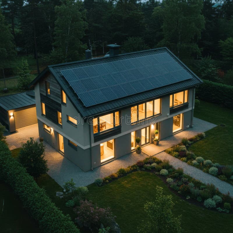 Modern Two Story House with Solar Panels at Night Stock Illustration ...