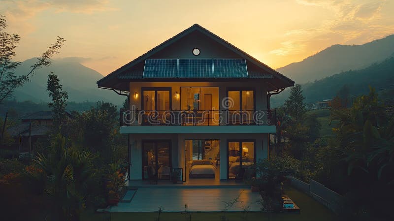 Modern Two-story House with Solar Panels at Sunset, Mountain View Stock ...