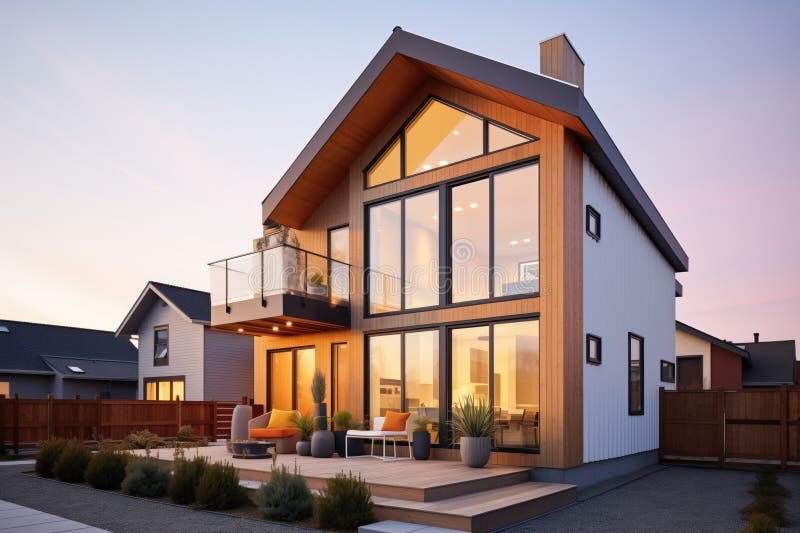 Modern Two-story House at Sunset, Warm Lights Visible from Windows ...