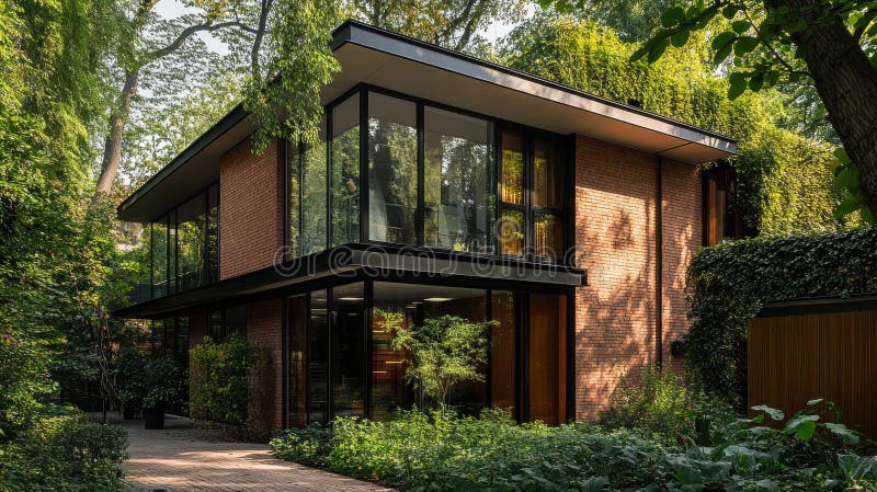 Modern Two-story House Surrounded by Greenery and Large Windows Stock ...