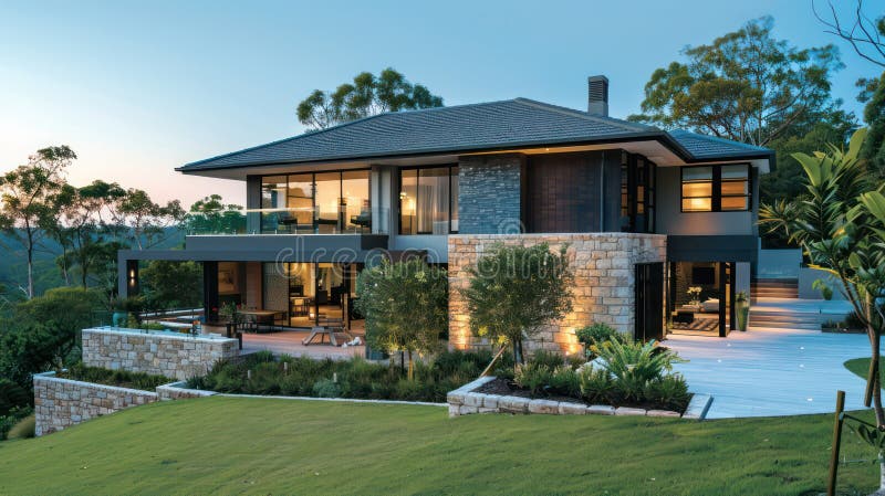 A Modern Two-story House Surrounded by Greenery, Showcasing Large ...