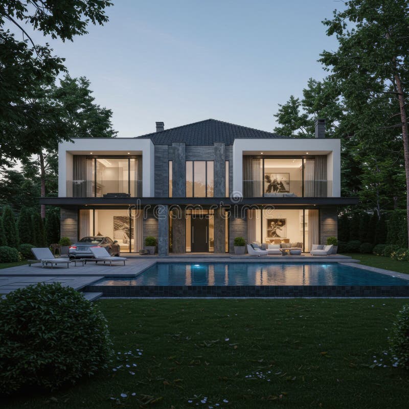 Modern Two Story House with Swimming Pool at Dusk Stock Illustration ...