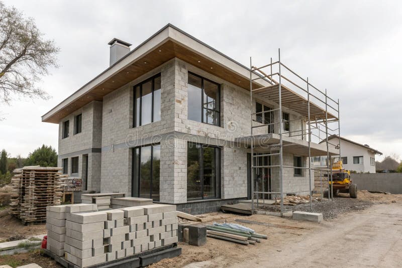 Under Construction House with Modern Design in Progress Stock ...
