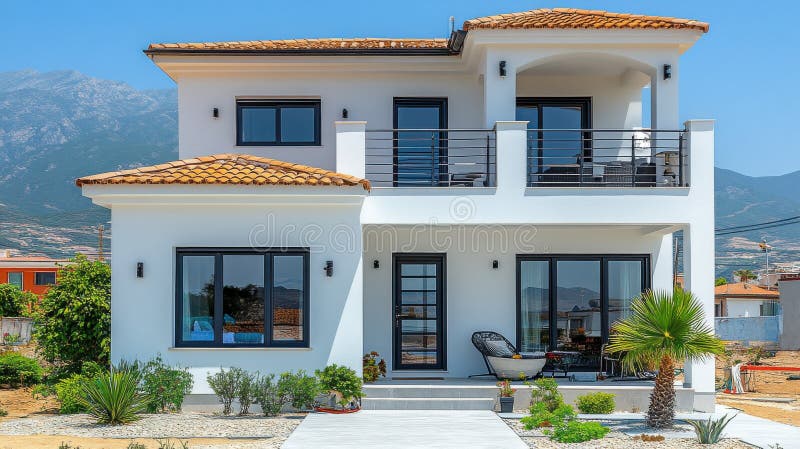 Modern Two Story White Villa with Mountain View Stock Photo - Image of ...