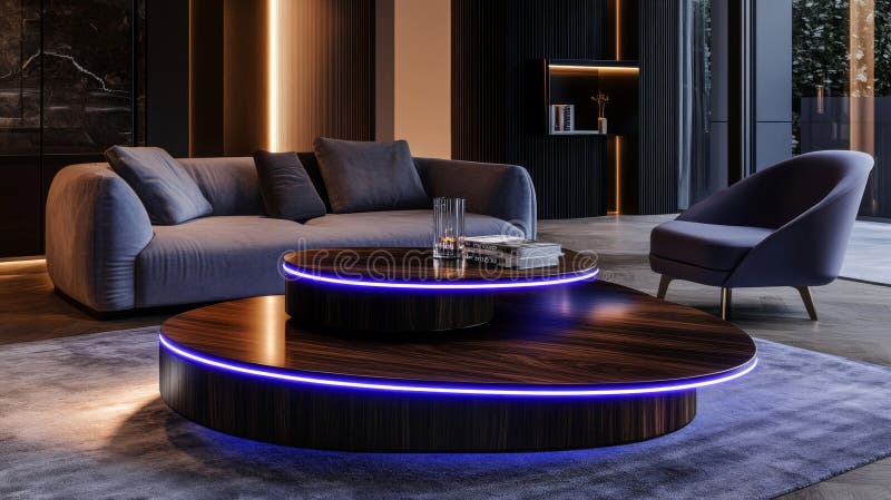 Modern Two-Tier Coffee Table with Blue LED Lighting in Luxury Living ...