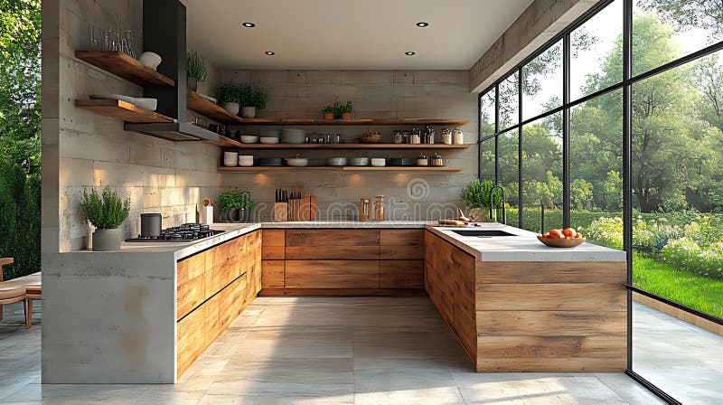 Modern U-shaped Kitchen, Garden View, Sunlight, Interior Design Stock ...