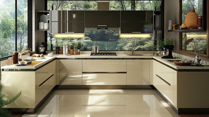 Modern U-shaped Kitchen with Large Windows Showcasing a Serene View ...