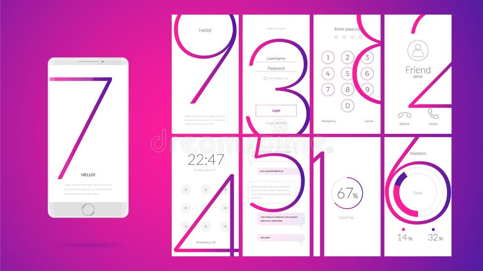 Modern UI Screen Design for Mobile App with Web Icons. Stock Vector ...