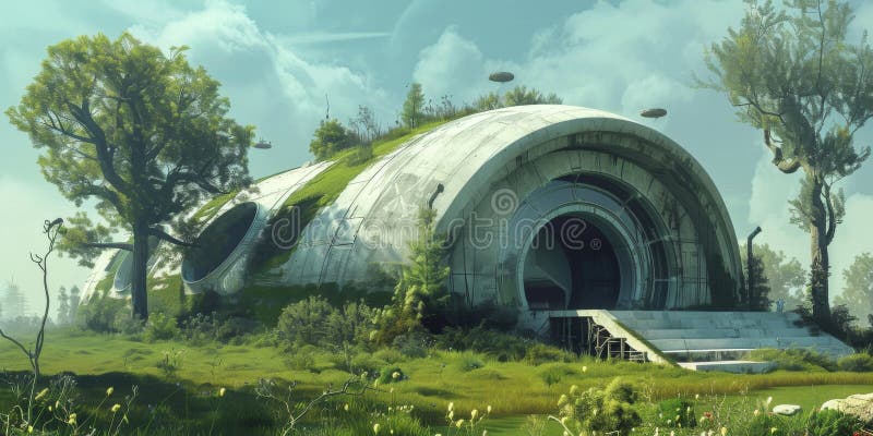 A Modern Underground Bunker Building Stands Out among Tall Trees in a ...
