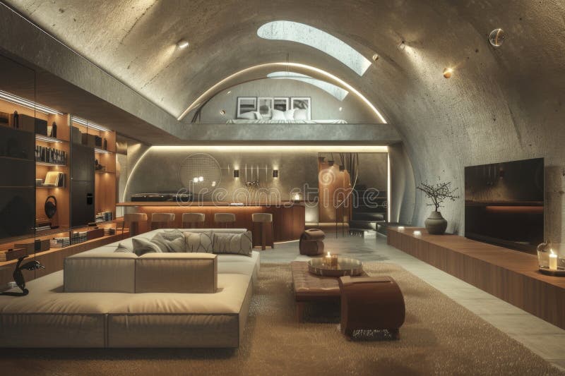 Modern Underground Bunker Interior with a Stylish Living Room. Stock Image - Image of design ...