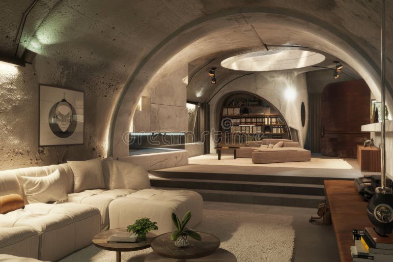Modern Underground Bunker Interior with a Stylish Living Room. Stock ...