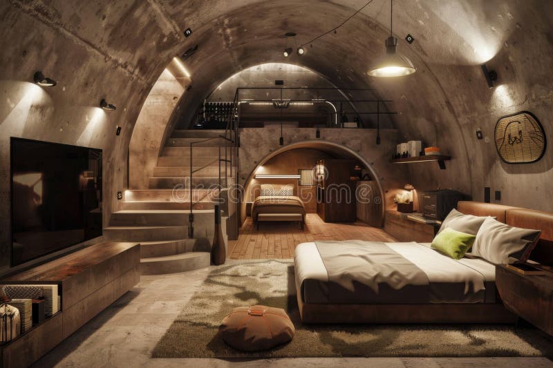 Modern Underground Bunker Interior with a Stylish Living Room. Stock ...