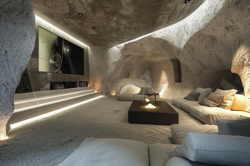 Modern Underground Bunker Interior with a Stylish Living Room. Stock Image - Image of home ...