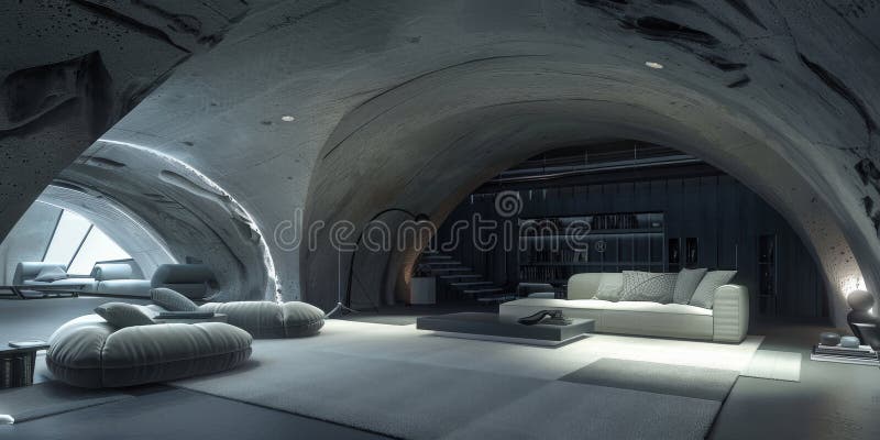 Modern Underground Bunker with a Living Room with a Couch and a Chair ...