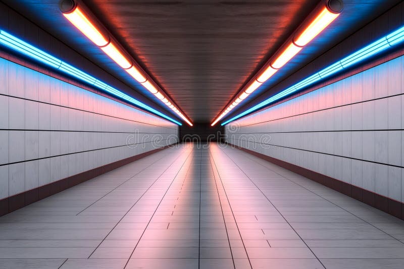 Modern Underground Corridor with Vibrant Blue and Red Lights ...