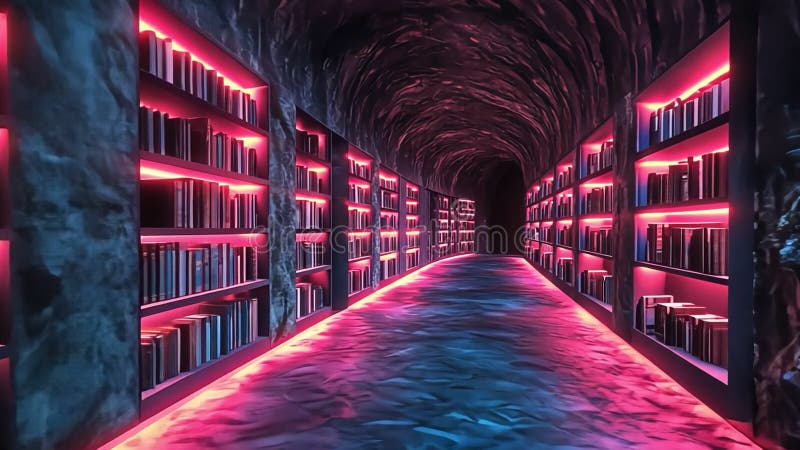 Modern Underground Library Illuminated Shelves and Vibrant Atmosphere ...